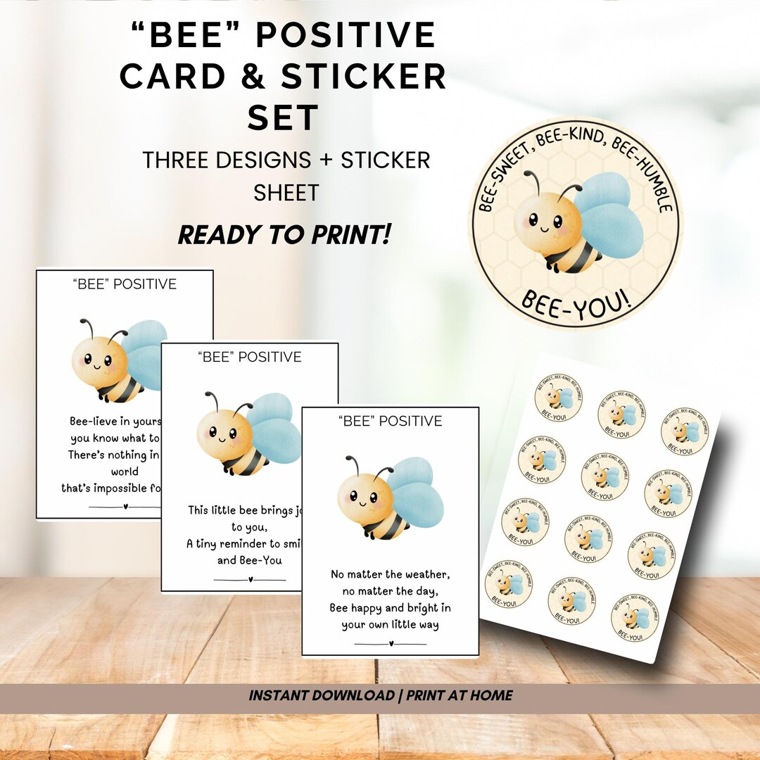 Bee Positive Card & Sticker Set | Printable Kindness Gift Tags (digital ...