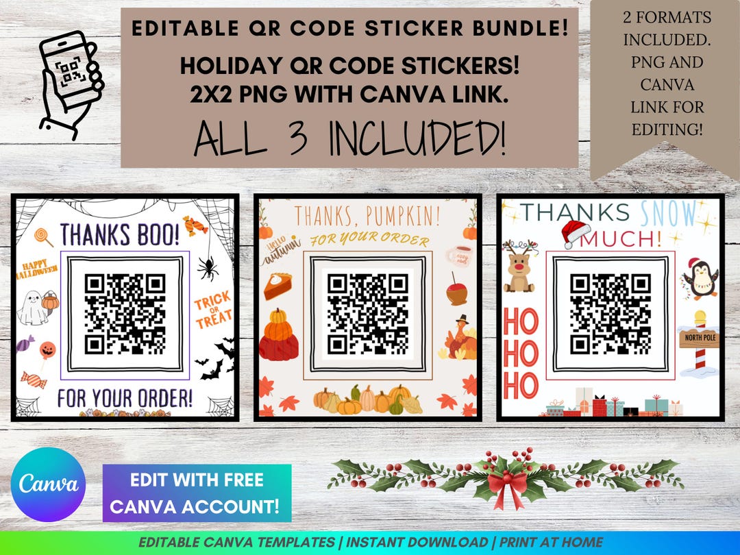 Holiday QR Code Sticker Bundle | 3 Editable Small Business Stickers ...