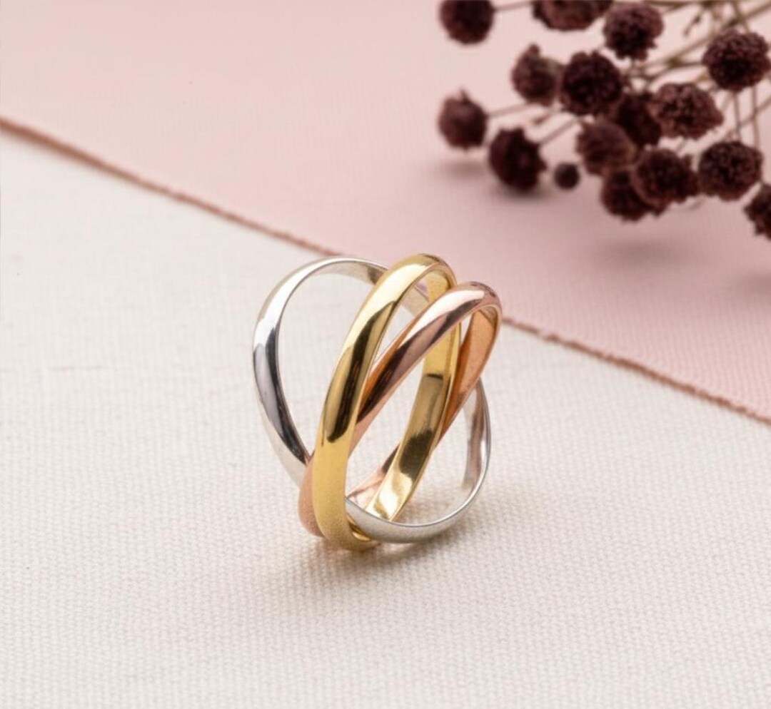 14K Gold Tri Color Rolling Ring | Interlocking Band Spinner Ring ...