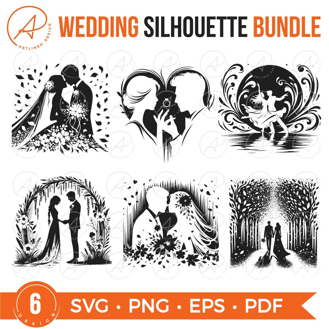 Wedding Silhouette SVG Bundle: Romantic Bride & Groom Clipart (digital ...
