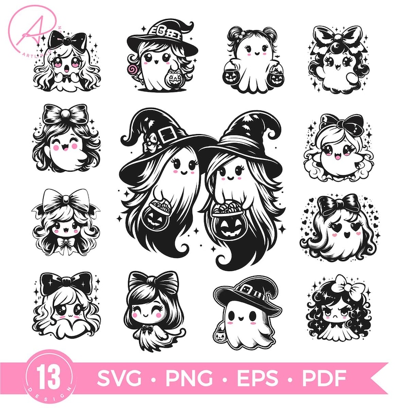 Halloween Ghost SVG Bundle : Kawaii Witch Ghosts Clipart (digital ...