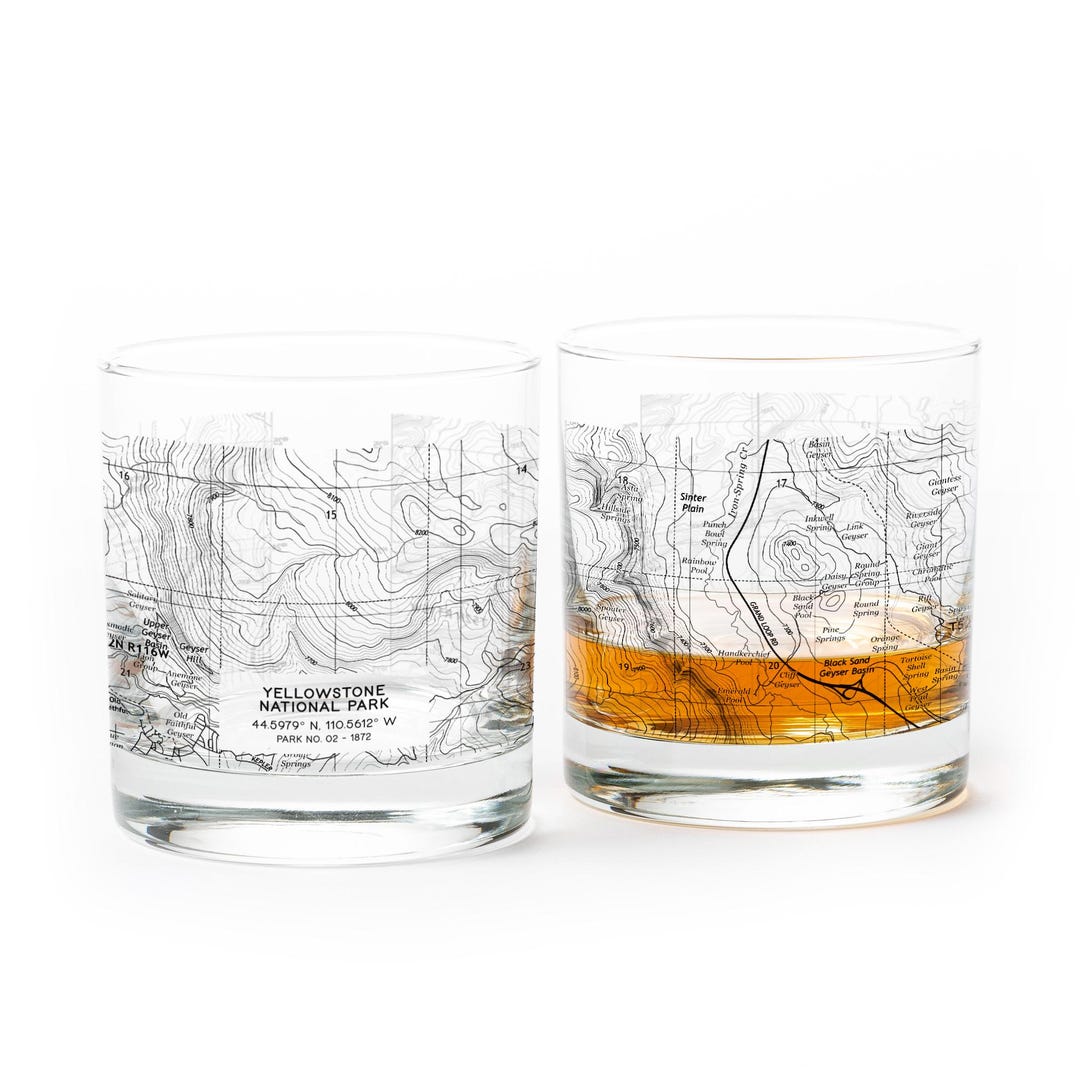 Whiskey Glass Set - Yellowstone National Park Topographic Map Rock ...
