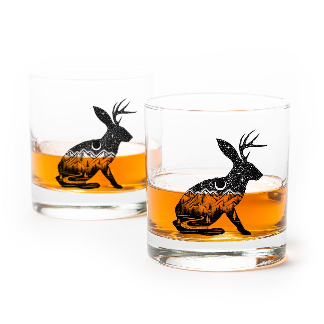Premium Whiskey Glass Set - Jackalope and Forest Design - Gift for Men ...