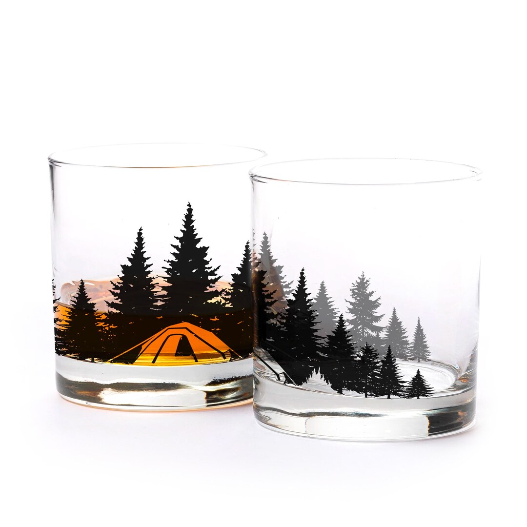 Camping Whiskey Glass Set – Rustic Forest & Campfire 11oz Glasses ...