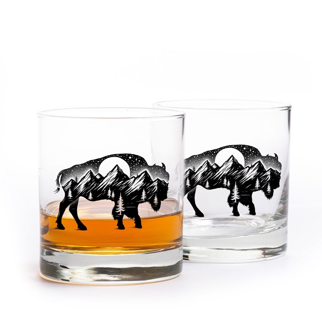Buffalo Whiskey Glasses Bison & Mountain Landscape Bar Glasses Cowboy ...
