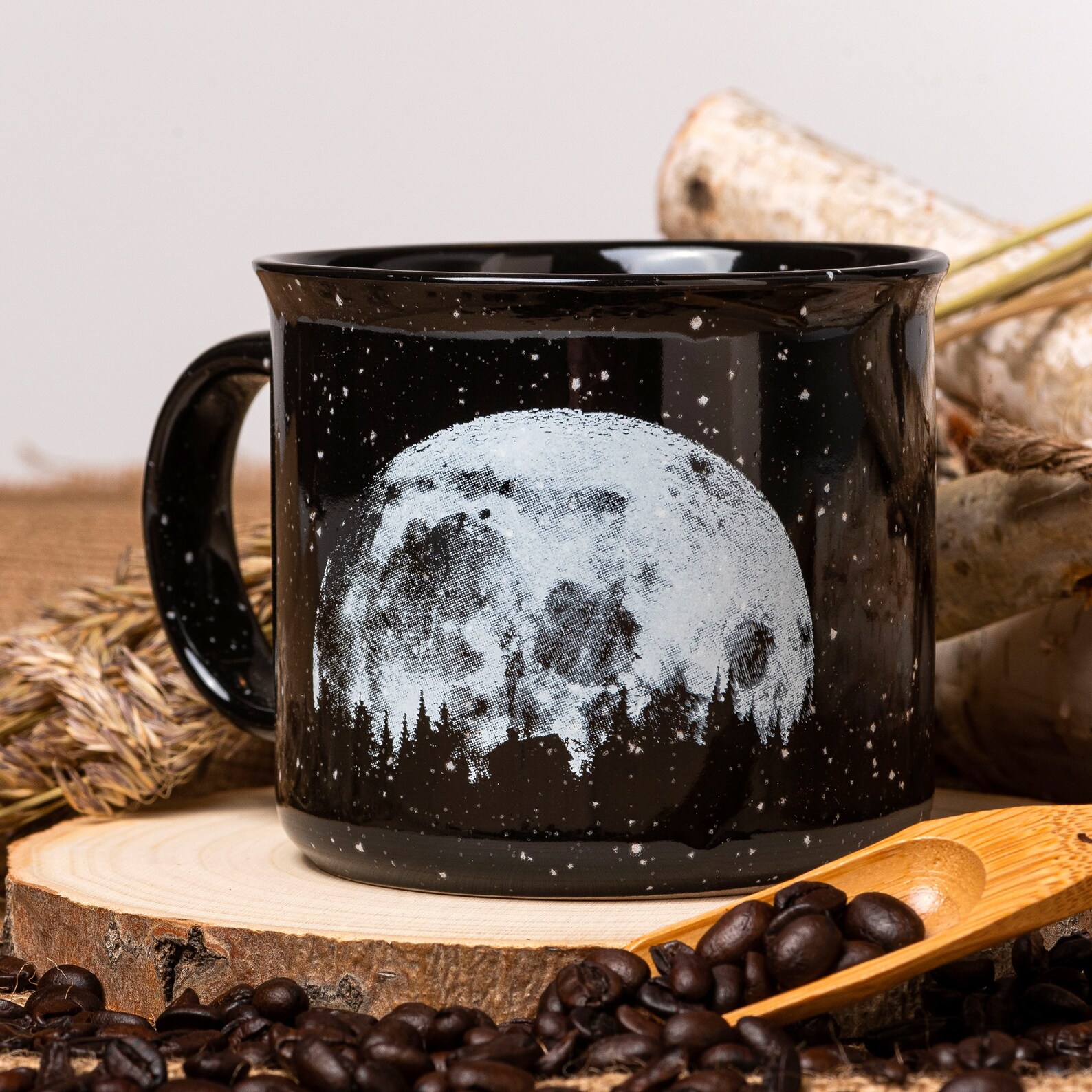 Celestial Moon & Cabin Ceramic Coffee Mug - Nature-inspired Astronomy ...