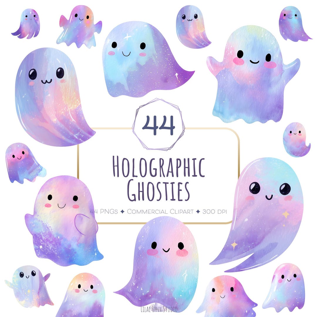 44 Holographic Ghost Clipart Bundle – Pastel Rainbow Halloween ...