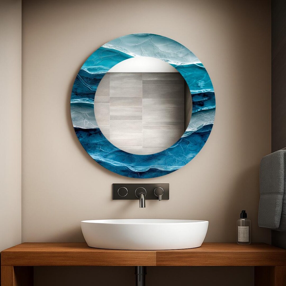 Blue Patterned Round Wall Mirror, Tempered Glass, Home Decor - Etsy