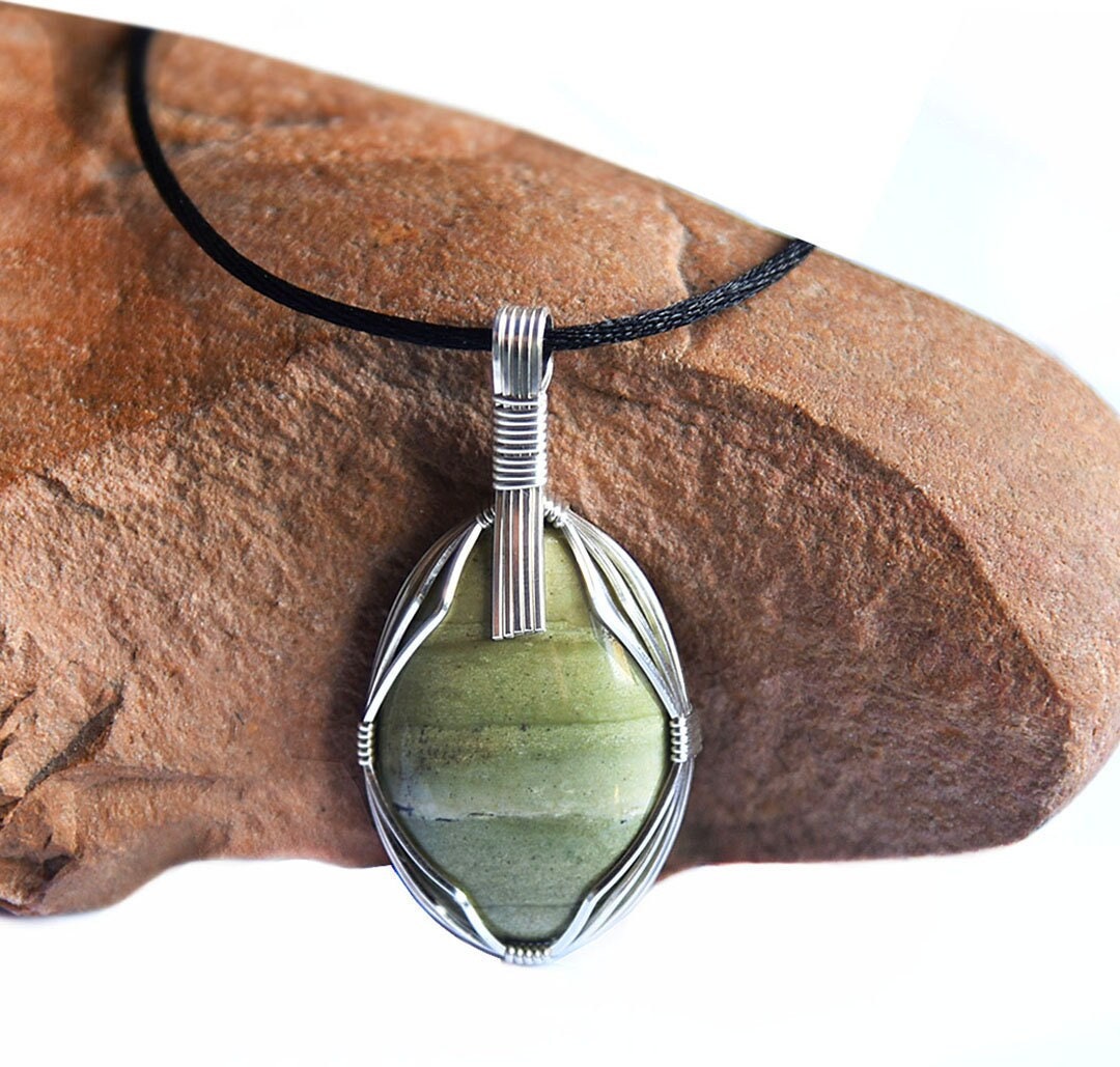 Serpentine & Sterling Silver Wire Wrapped Pendant Necklace - Etsy