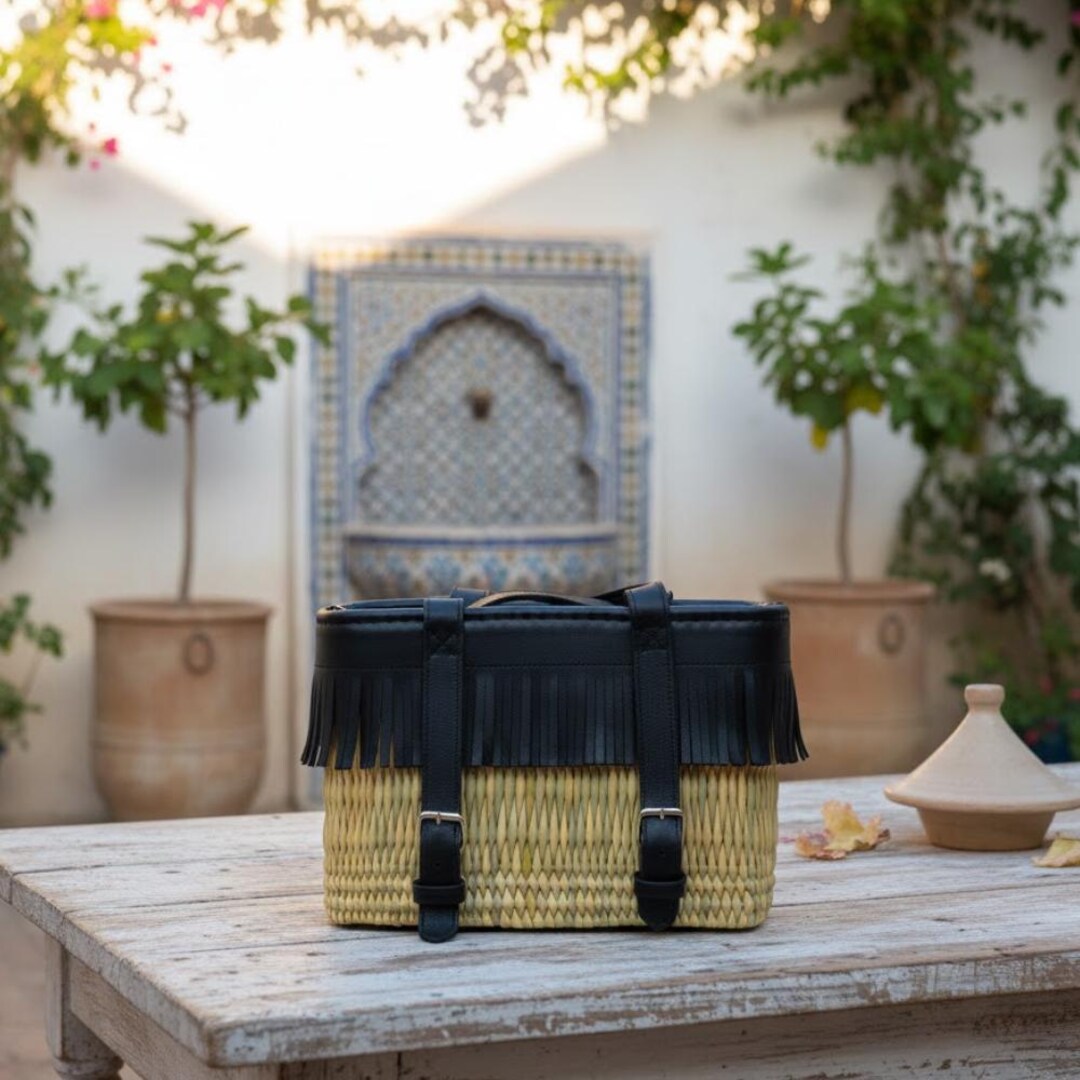 Handmade Moroccan Straw Backpack | Custom Color Leather Straps | Boho ...