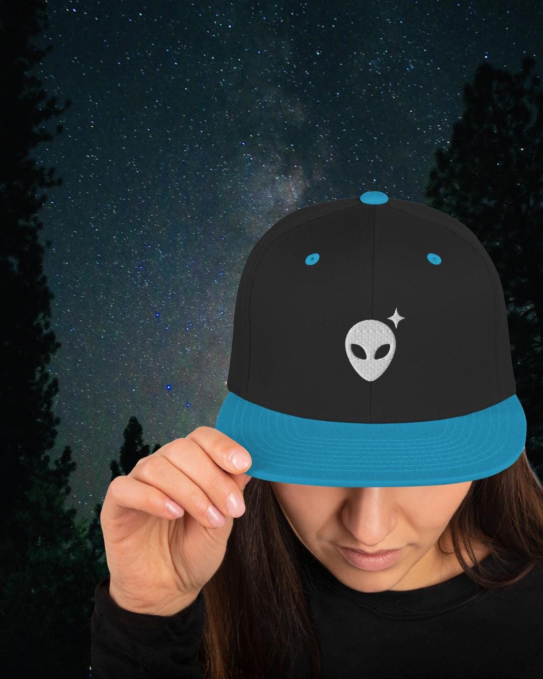 Alien Icon Snapback Hat: Minimalist Space Design, Black & Teal - Etsy