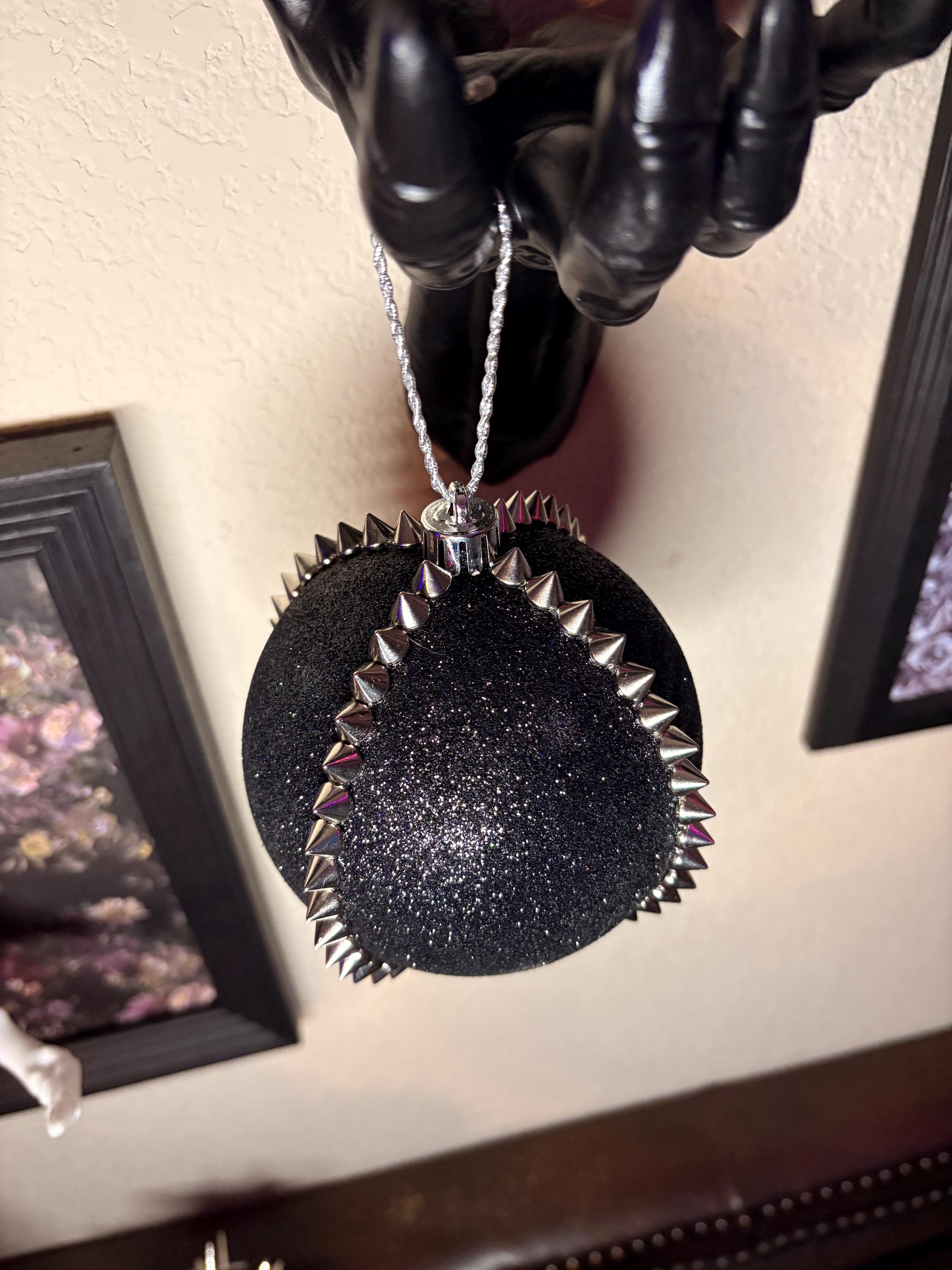 5” Gothic Christmas Spiked Sparkly Ornament | Black Glitter Creepmas ...