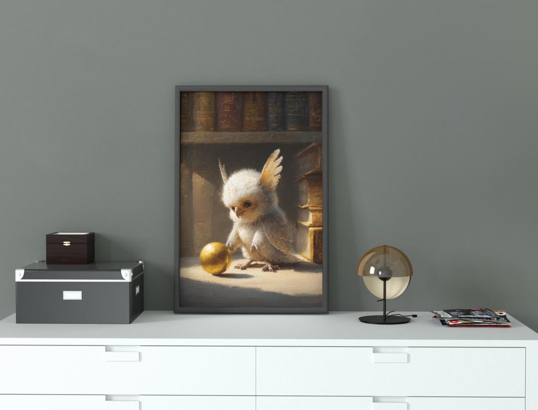 Baby Griffin Oil Painting, Cute Mythical Creature Art, Golden Ball ...