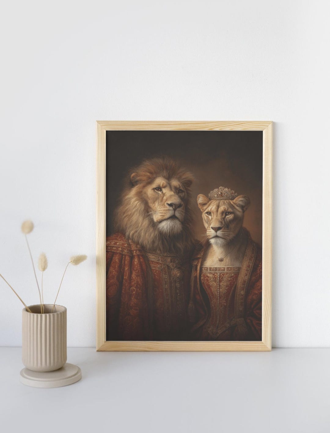 Royal Lion and Lioness Couple Art, Renaissance Noble Pet Portrait ...
