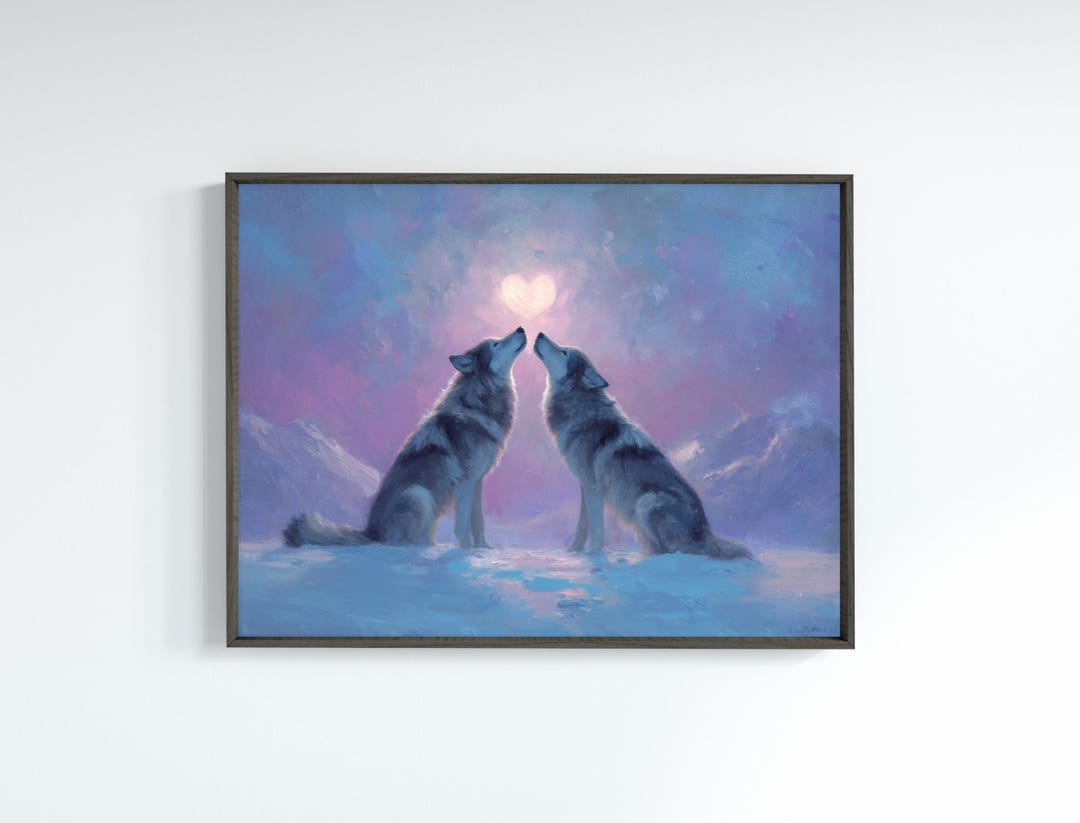 Two Wolves Full Moon Heart Art, Romantic Snowy Landscape Painting, Wolf ...