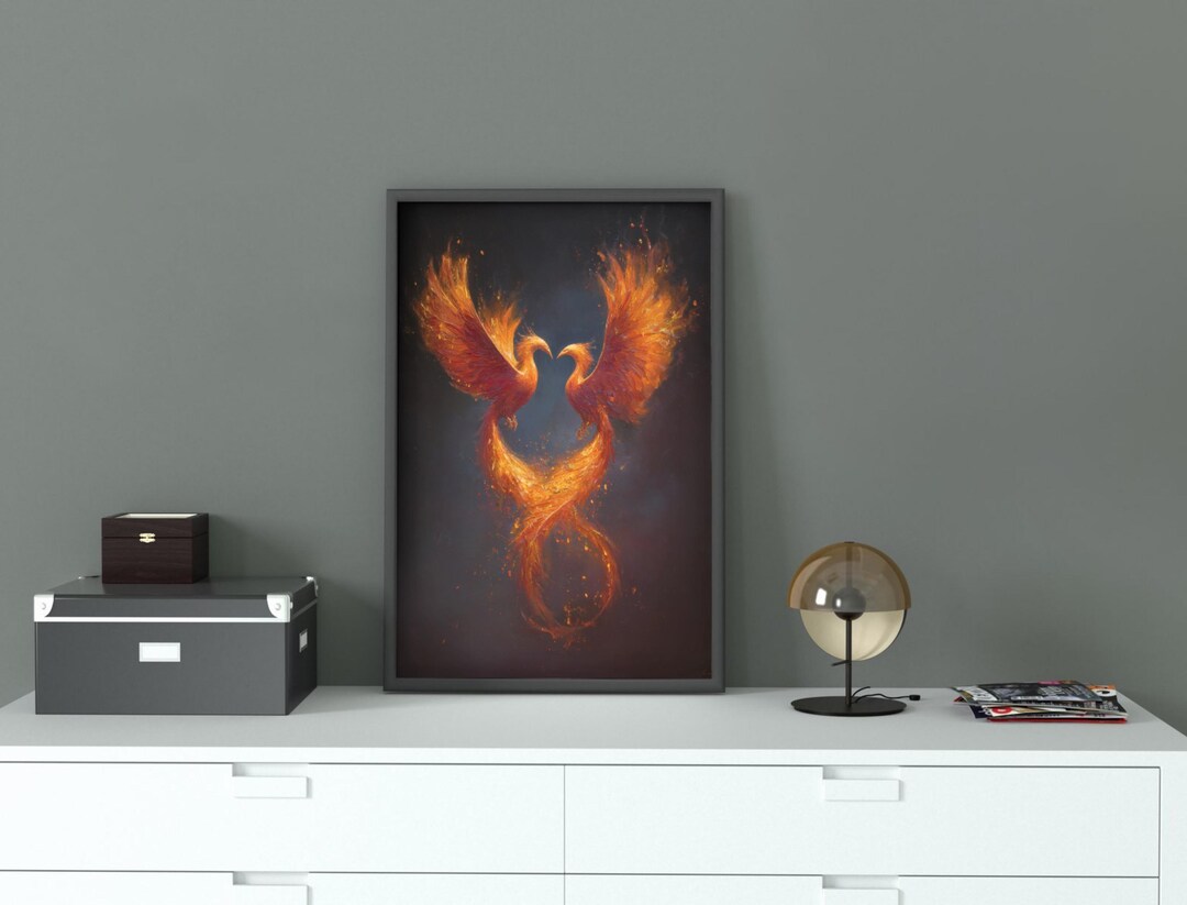 Two Phoenix Birds Fire Dance Art, Mythical Heart Phoenix Painting, Epic ...