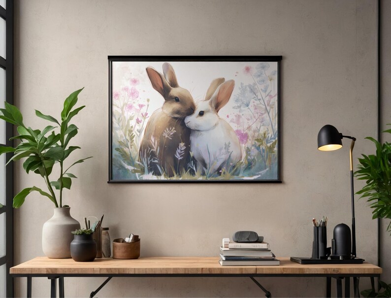 Two Rabbits in Spring Meadow Art, Pastel Bunny Watercolor Painting ...