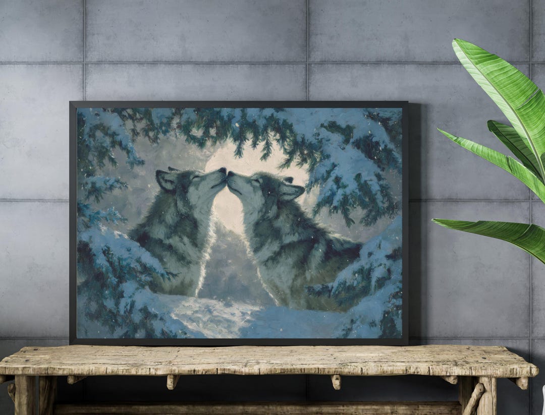 Wolf Couple Valentine Art, Romantic Winter Wolves Print, Soulmates Wolf ...
