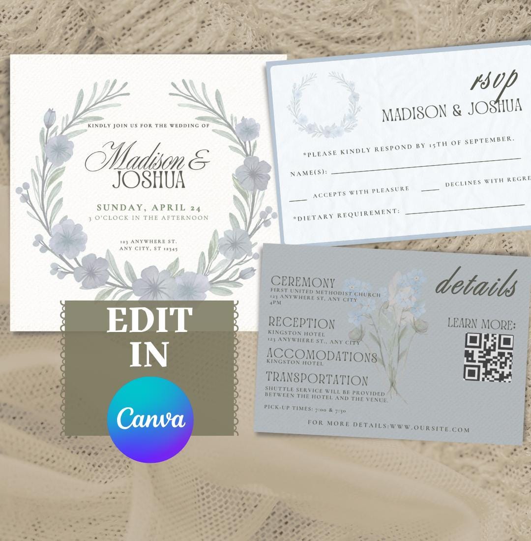 Editable Blue Floral Wedding Invitation Set | Canva Template Bundle 008 ...