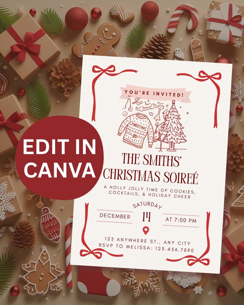 Editable Christmas Party Invitation | Holiday Soiree Canva Template ...