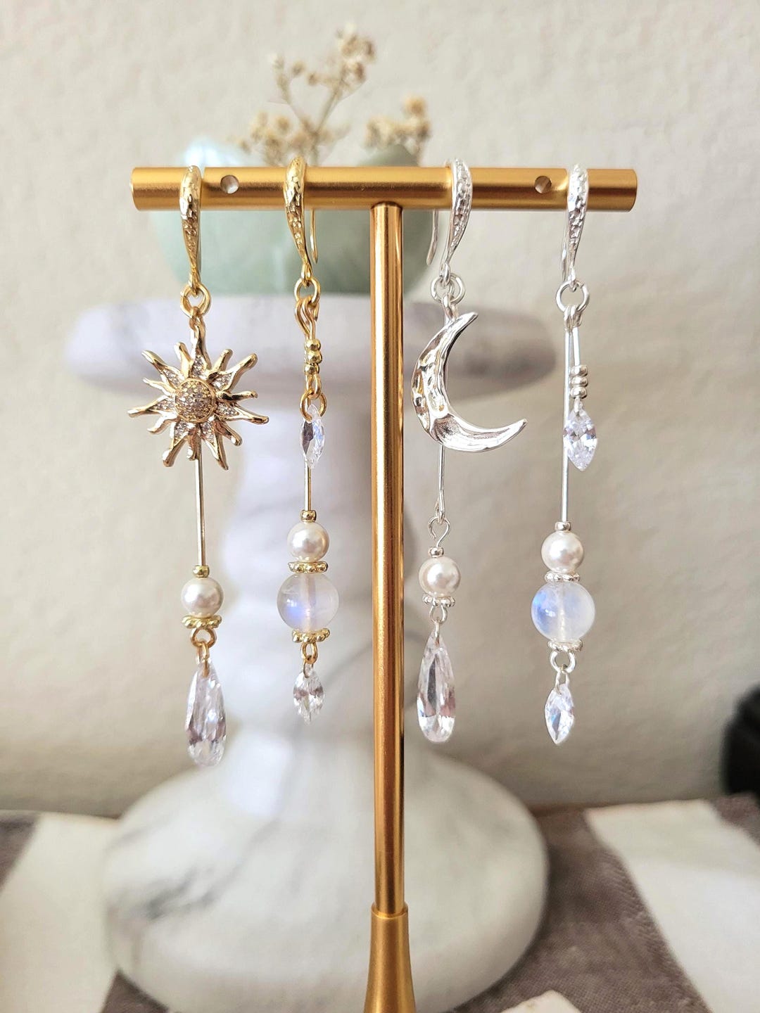 Celestial Sun and Moon Asymmetrical Earrings, Crystal Pearl and ...