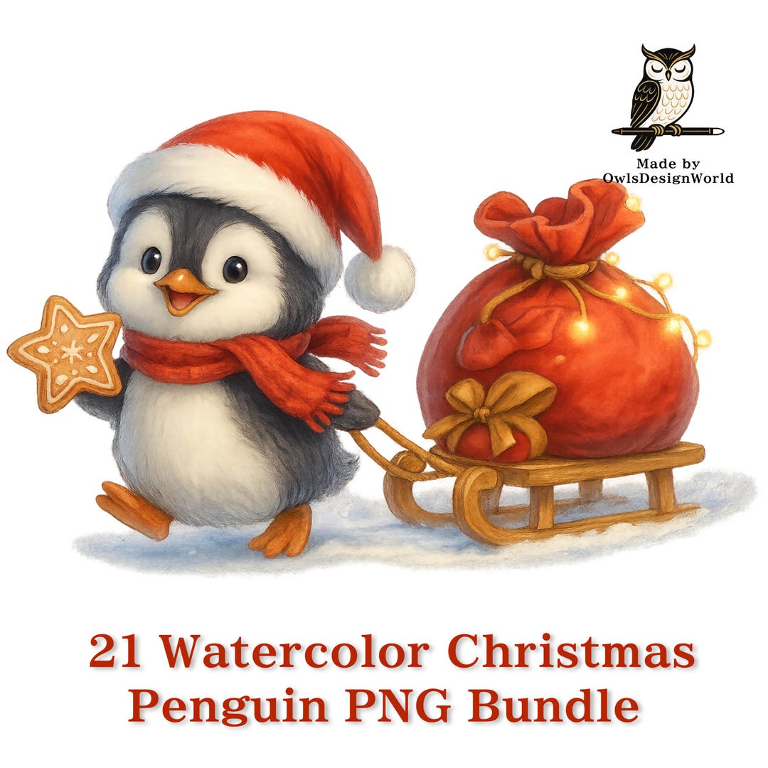 21 Watercolor Christmas Penguin Clipart Bundle, Cute Winter Pngs ...