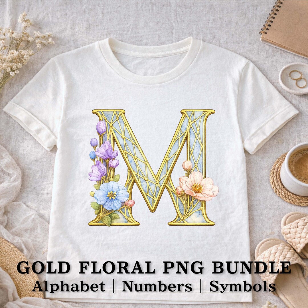 Floral Alphabet PNG Bundle, Gold Flower Letters and Numbers, Spring ...