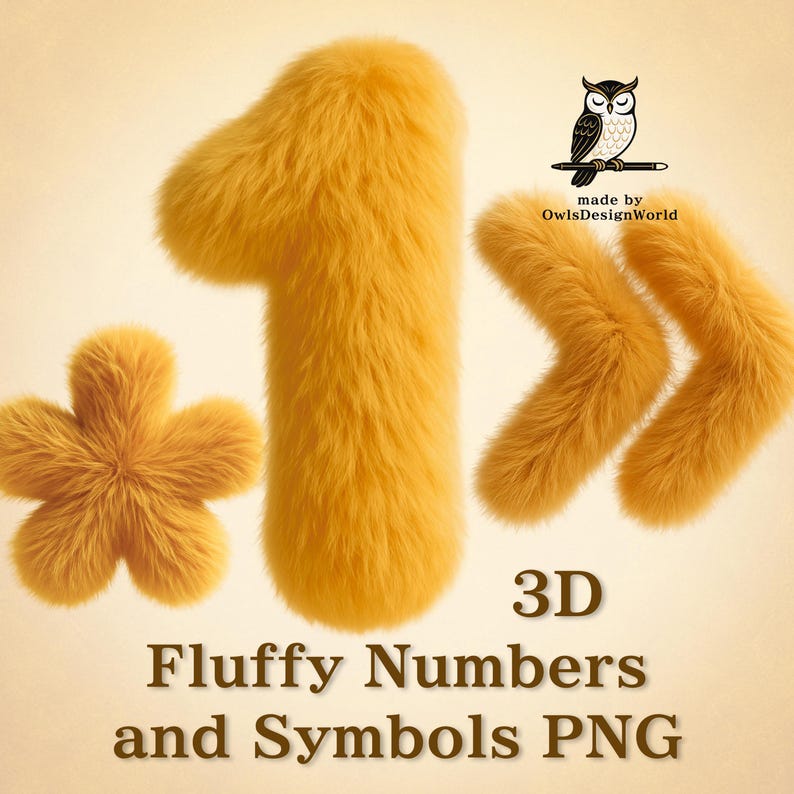 Gold Furry Number Clipart: 3D Fluffy Digits & Symbols PNG (digital ...