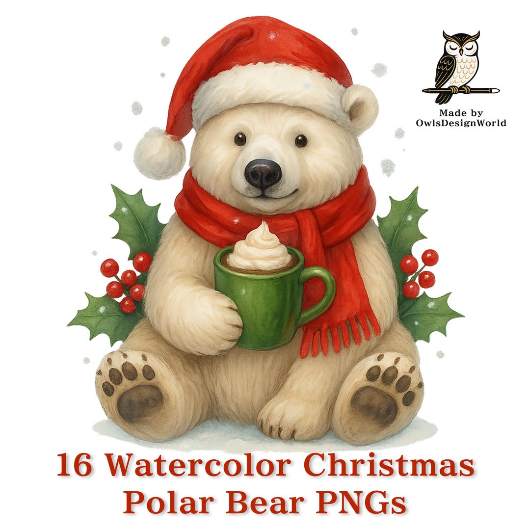 16 Watercolor Christmas Polar Bear Clipart, Cute Holiday Bears PNG ...