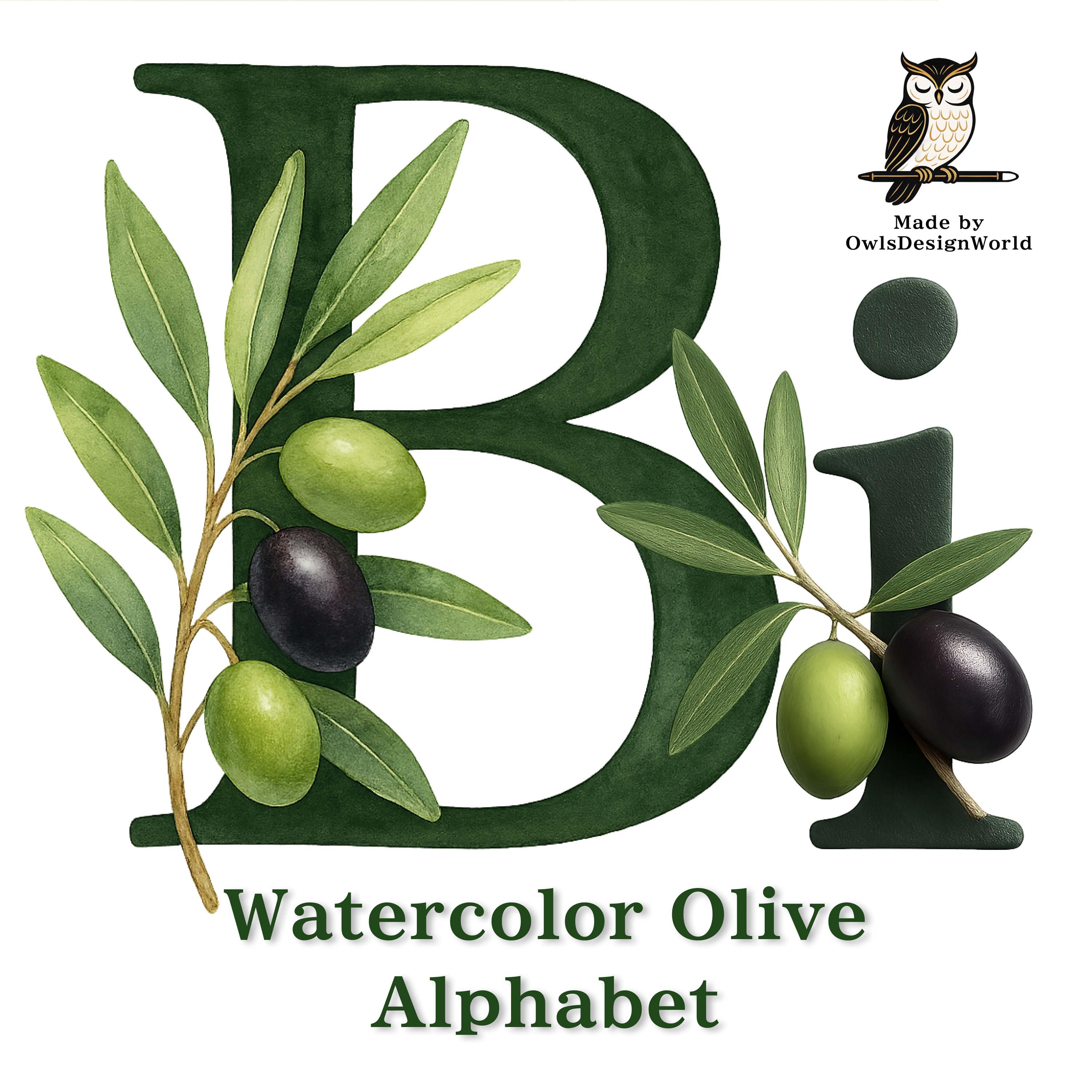 Watercolor Olive Alphabet — Mediterranean Letters PNG (upper ...