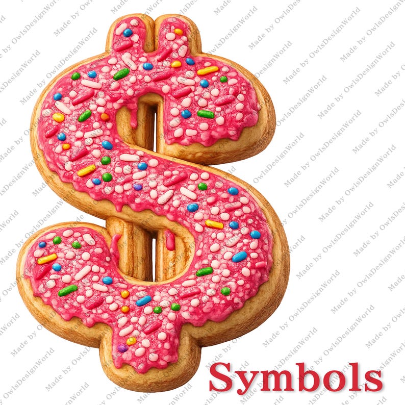 Donut Alphabet Clipart PNG, Pink Icing Cookie Letters Numbers Symbols ...