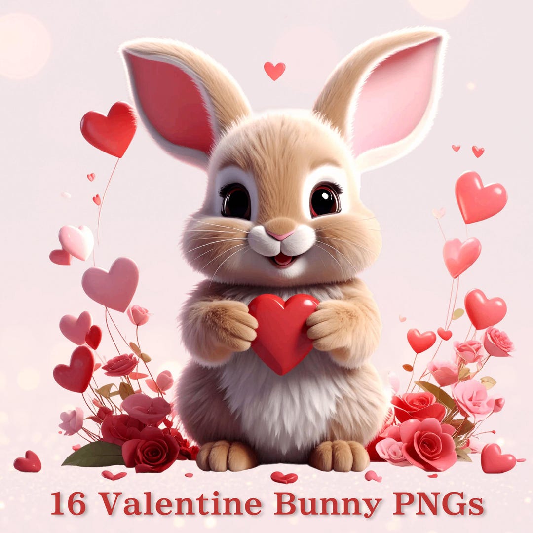 Valentine Bunny Clipart, 16 Cute Love Rabbit PNG, Kawaii Bunny With ...