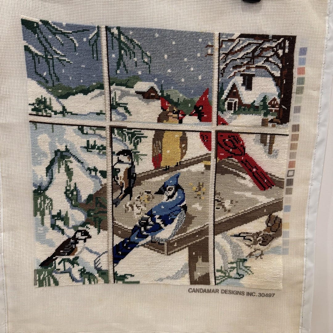 Vintage Unframed Needlepoint - Winter Window With Birds in Snow 13.5 X ...
