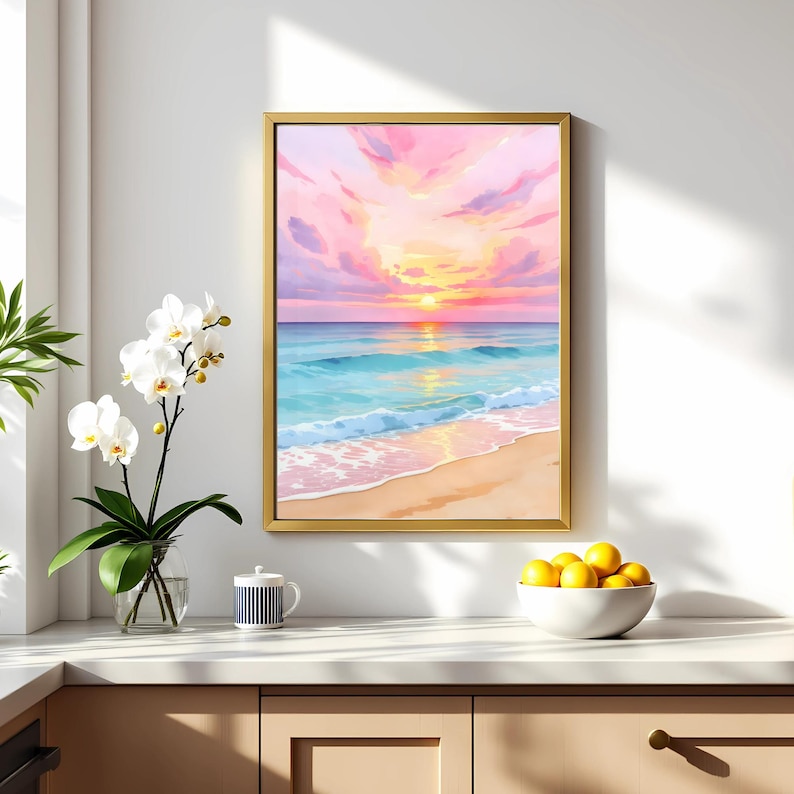 Pink Sunset Wall Art | Coastal Beachy Print | Pastel Ocean House Decor ...