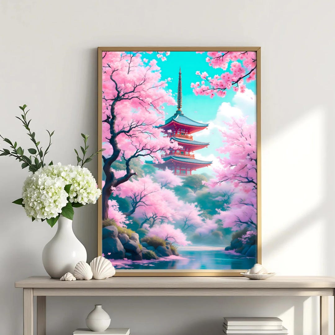 Cherry Blossom Wall Art | Pink Japanese Landscape Print | Feminine ...