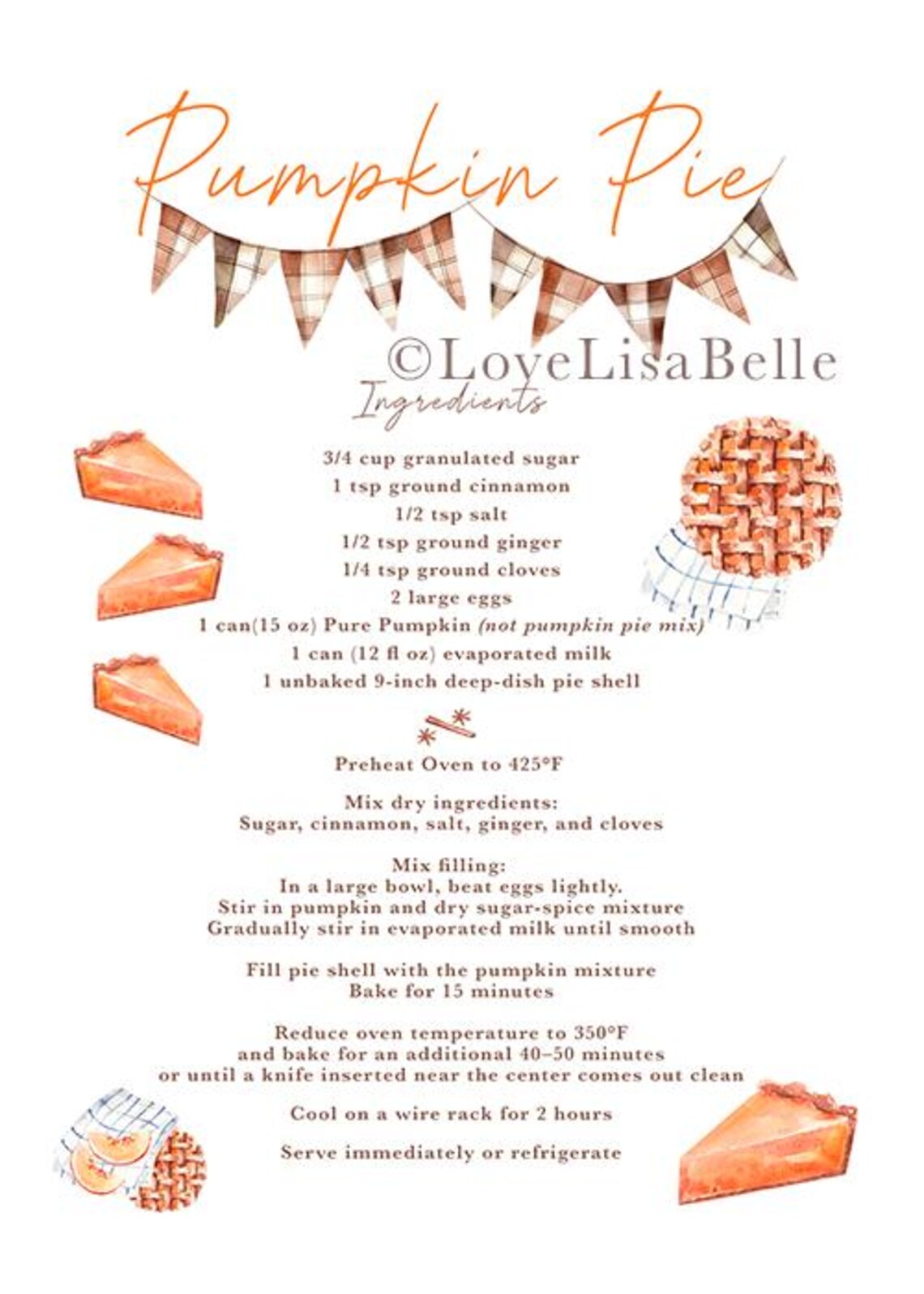 Pumpkin Pie Recipe Card Graphic Art for October and Thanksgiving - Etsy