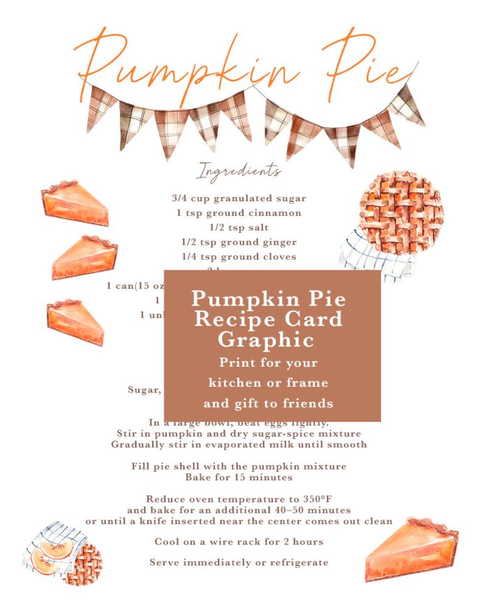 Pumpkin Pie Recipe Card Graphic Art for October and Thanksgiving - Etsy