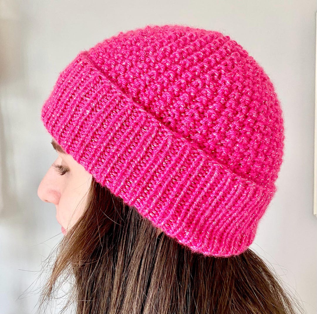 Handknit Sparkly Hot Pink Beanie: Reversible Slouchy Hat - Etsy