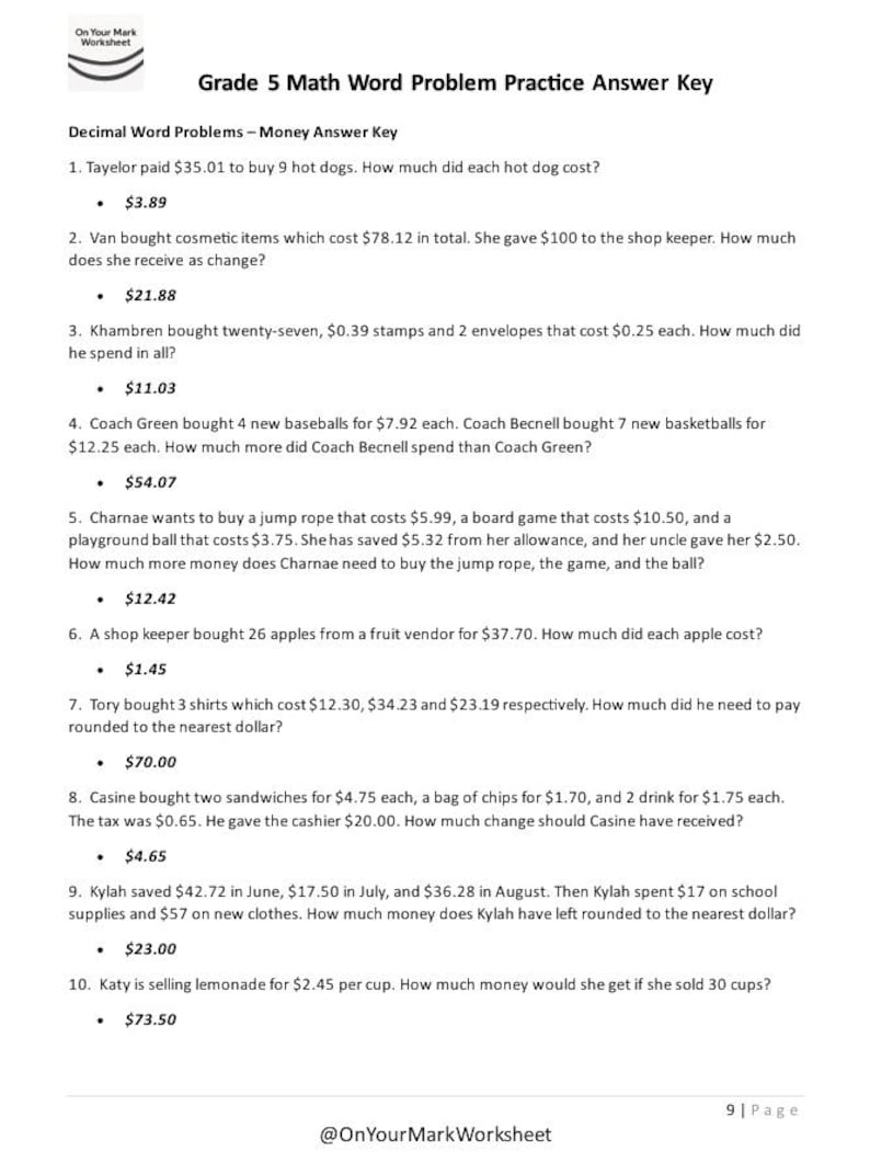 Grade 5 Math Word Problems: 40-page Practice Worksheets (PDF Download ...