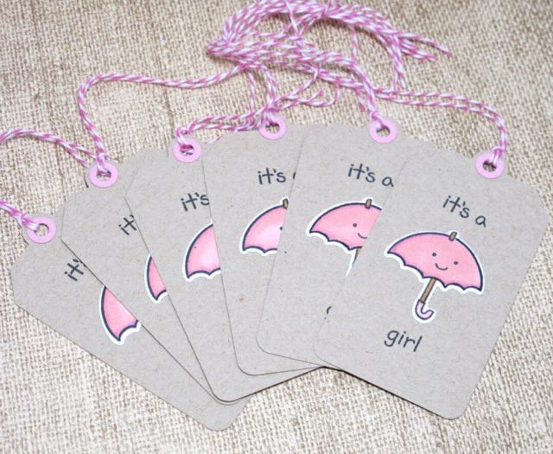 Baby Girl Tags- Gift Tags- Handmade Tags- Pink Umbrella- Baby Shower ...