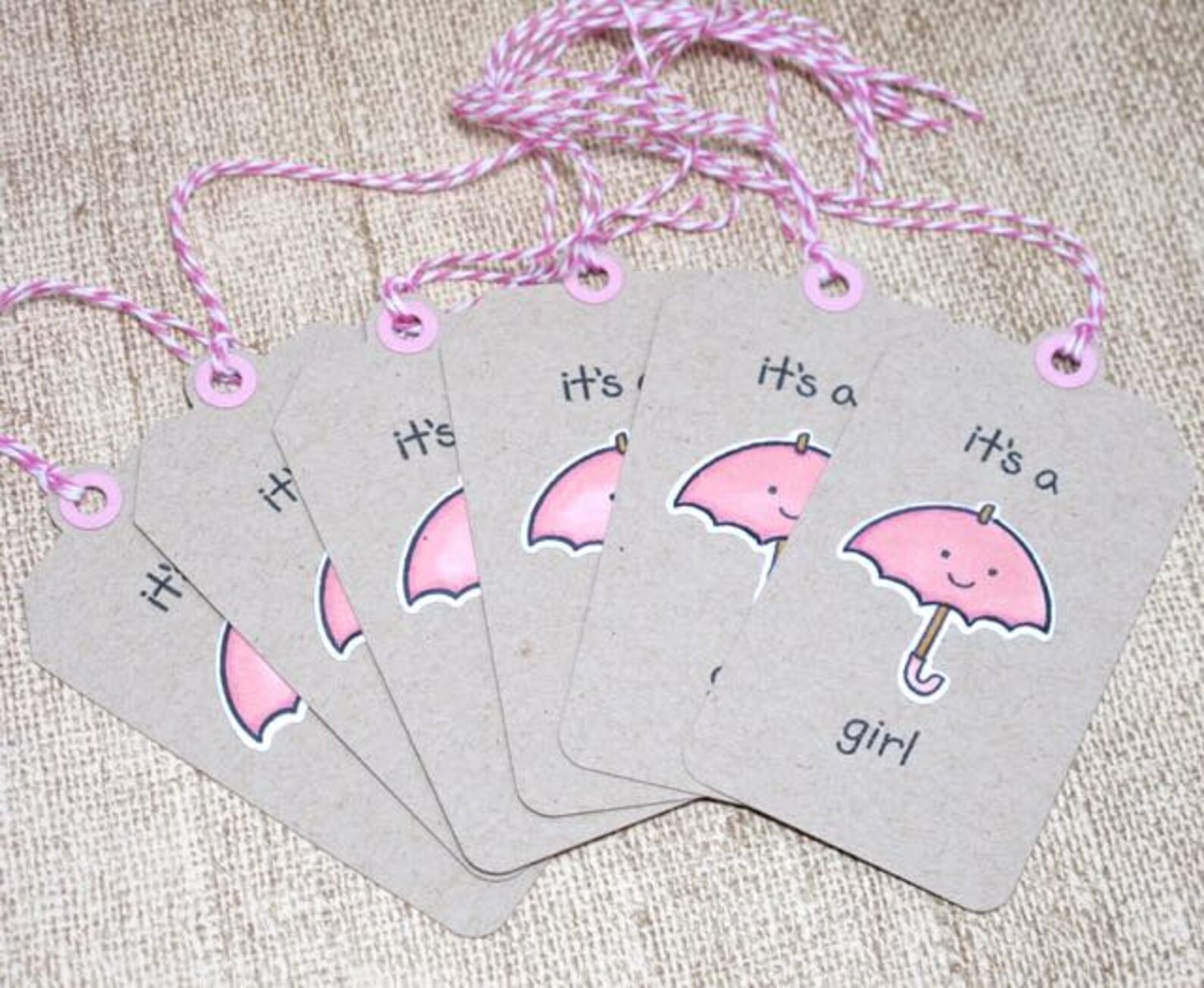 Baby Girl Tags- Gift Tags- Handmade Tags- Pink Umbrella- Baby Shower ...