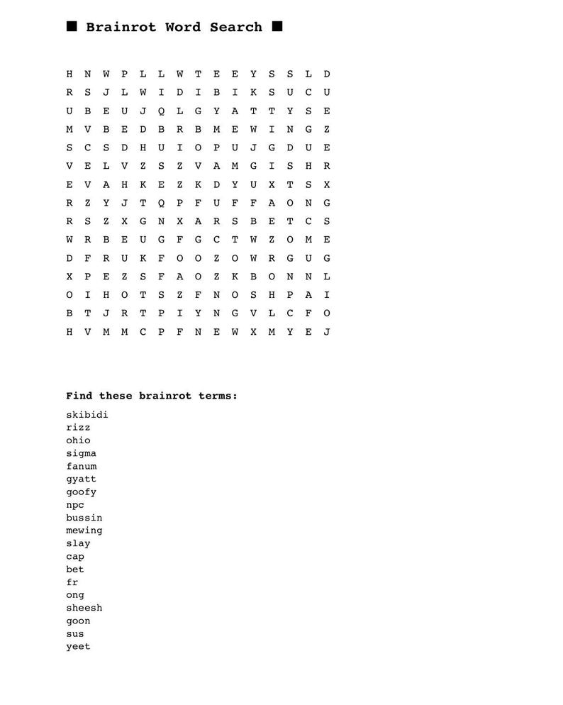 Brainrot Wordsearch Fun for Kids - Etsy