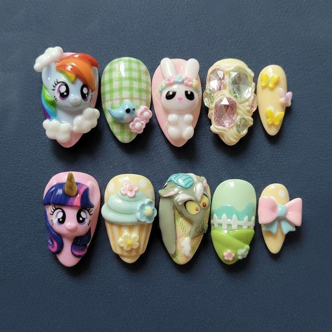 Handmade My Little Pony Cottagecore Press on Nails | Luxury 3D Rainbow ...