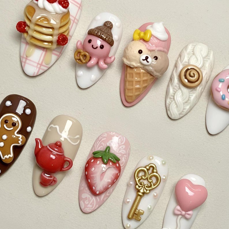 Handmade Dessert Press-on Nails | 3D Pancake Ice Cream Teapot ...