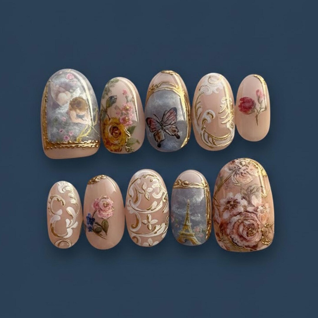 Hand-painted Baroque Press-on Nails – Parisian Roses, Gold Accents - Etsy