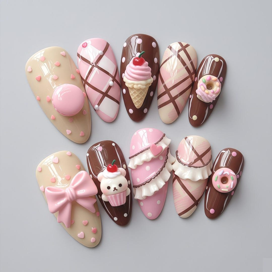Pastel Dessert Nails | Pink Bow and Donut Nail Design | Handmade Sweet ...