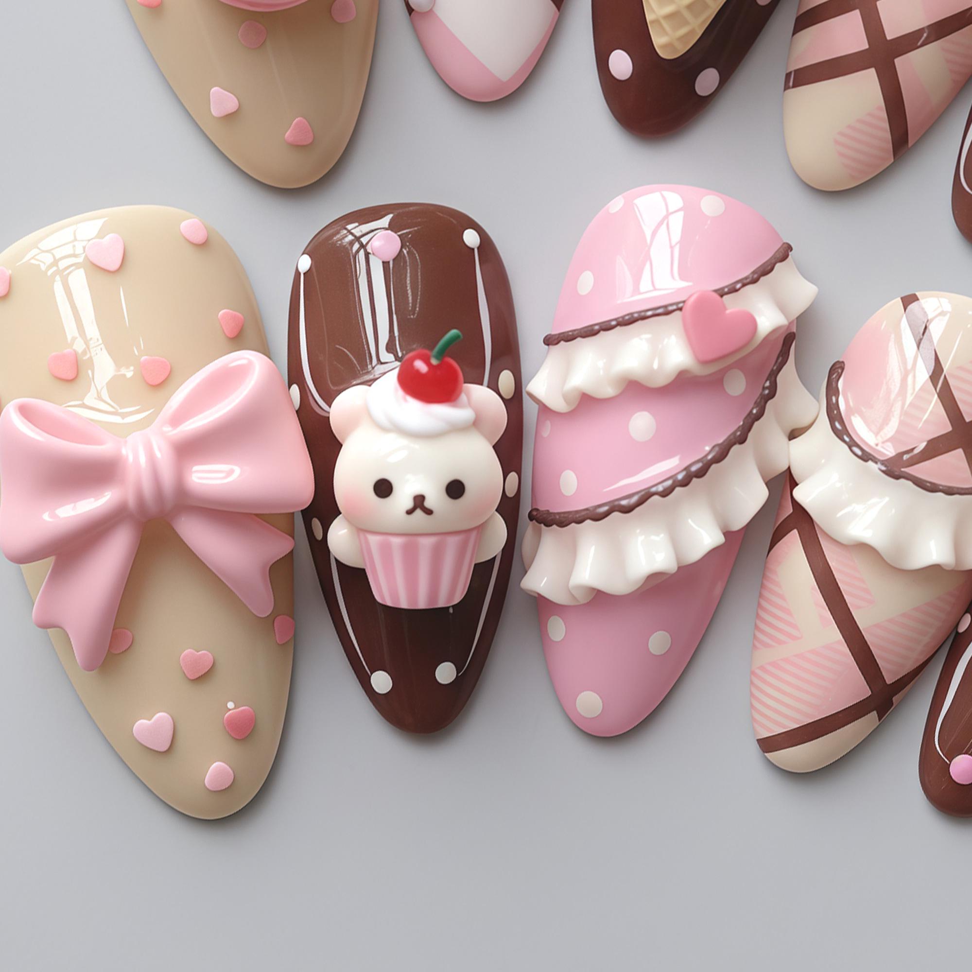 Pastel Dessert Nails | Pink Bow and Donut Nail Design | Handmade Sweet ...