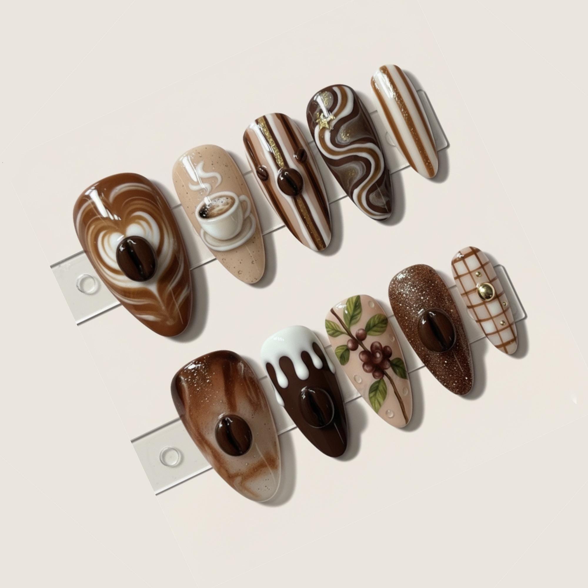 Coffee Latte Press on Nails | Mocha Swirl Nail Set | Cappuccino Bean ...