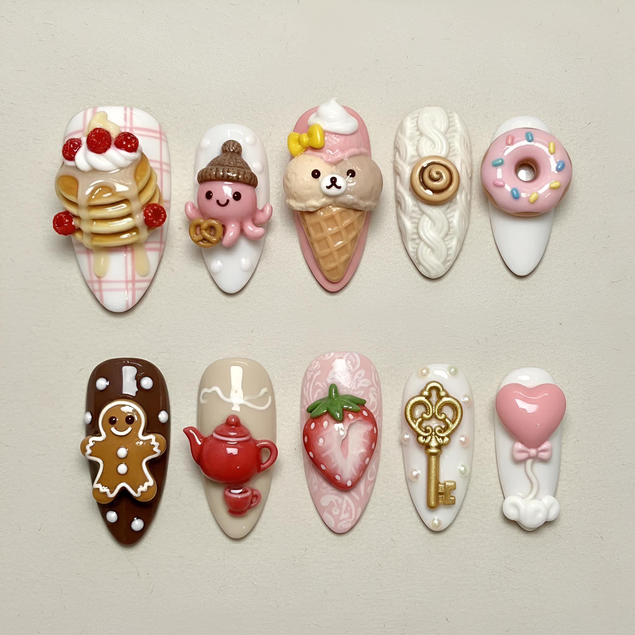 Handmade Dessert Press-on Nails | 3D Pancake Ice Cream Teapot ...