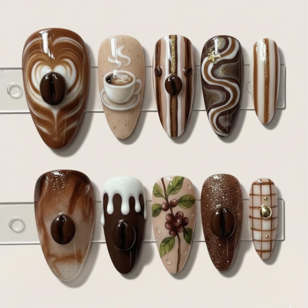 Coffee Latte Press on Nails | Mocha Swirl Nail Set | Cappuccino Bean ...